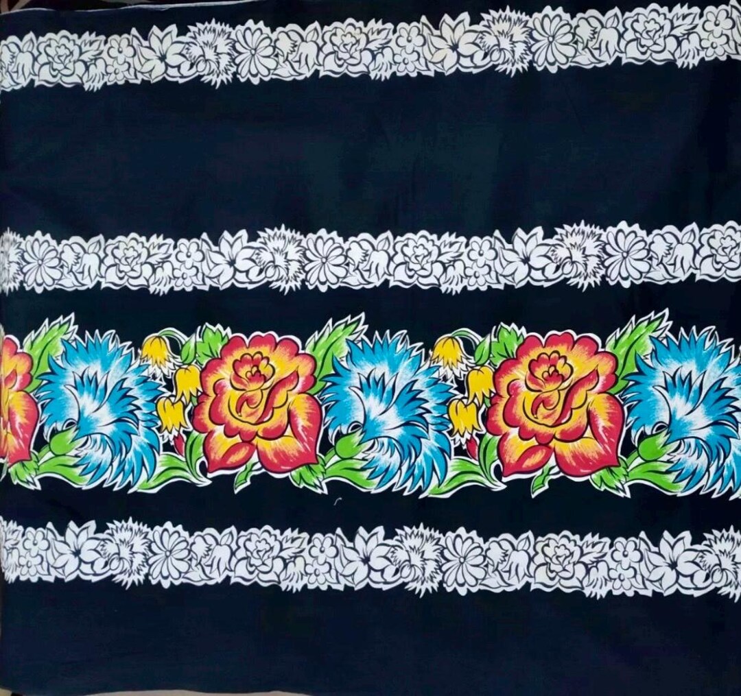 Vintage 1950s Cotton Mexican Floral Border Print Fabric 3 Yards by 35 ...