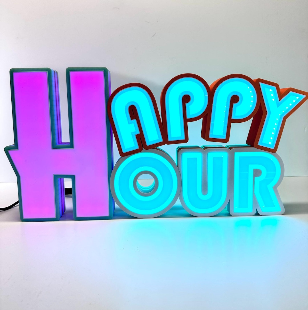 Custom LED Happy Hour Sign – 3D Printed Neon-style Bar Light, Home Bar ...