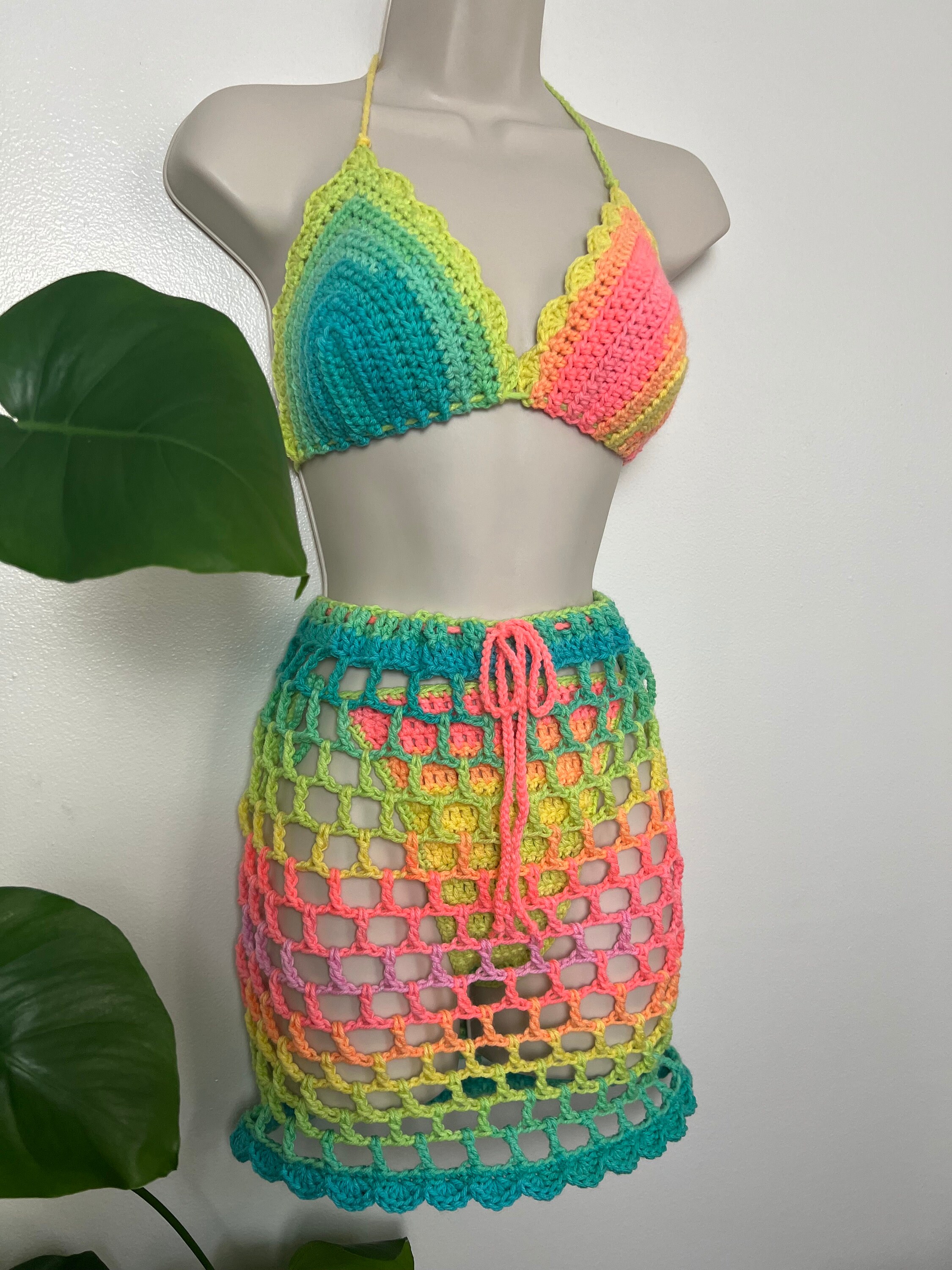 Neon Rainbow Crochet Summer Bikini Set With Cover up Mesh Skirt ...