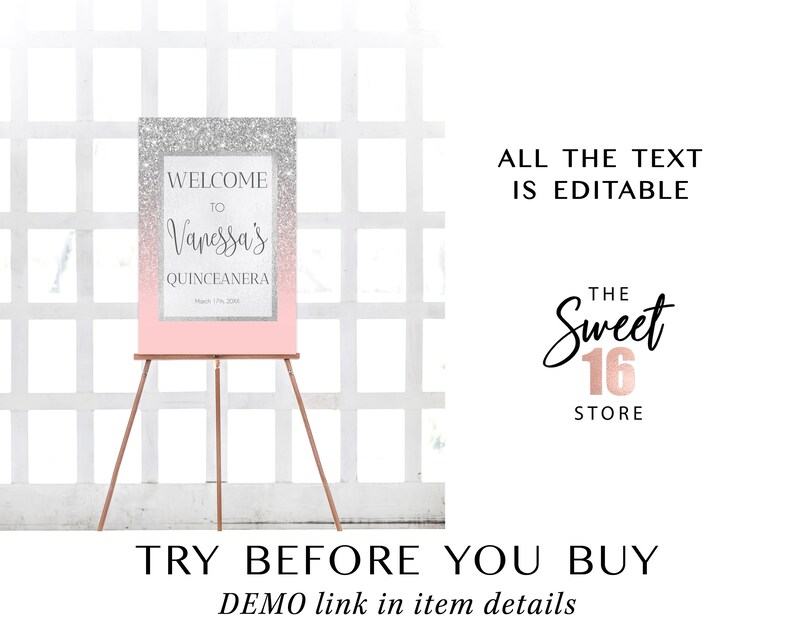 Quinceanera Welcome Sign Elegant Pink & Silver Glitter Party - Etsy