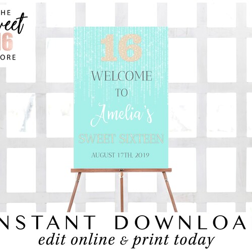 Printable 16th Sweet Sixteen Birthday Party Welcome Sign - Etsy