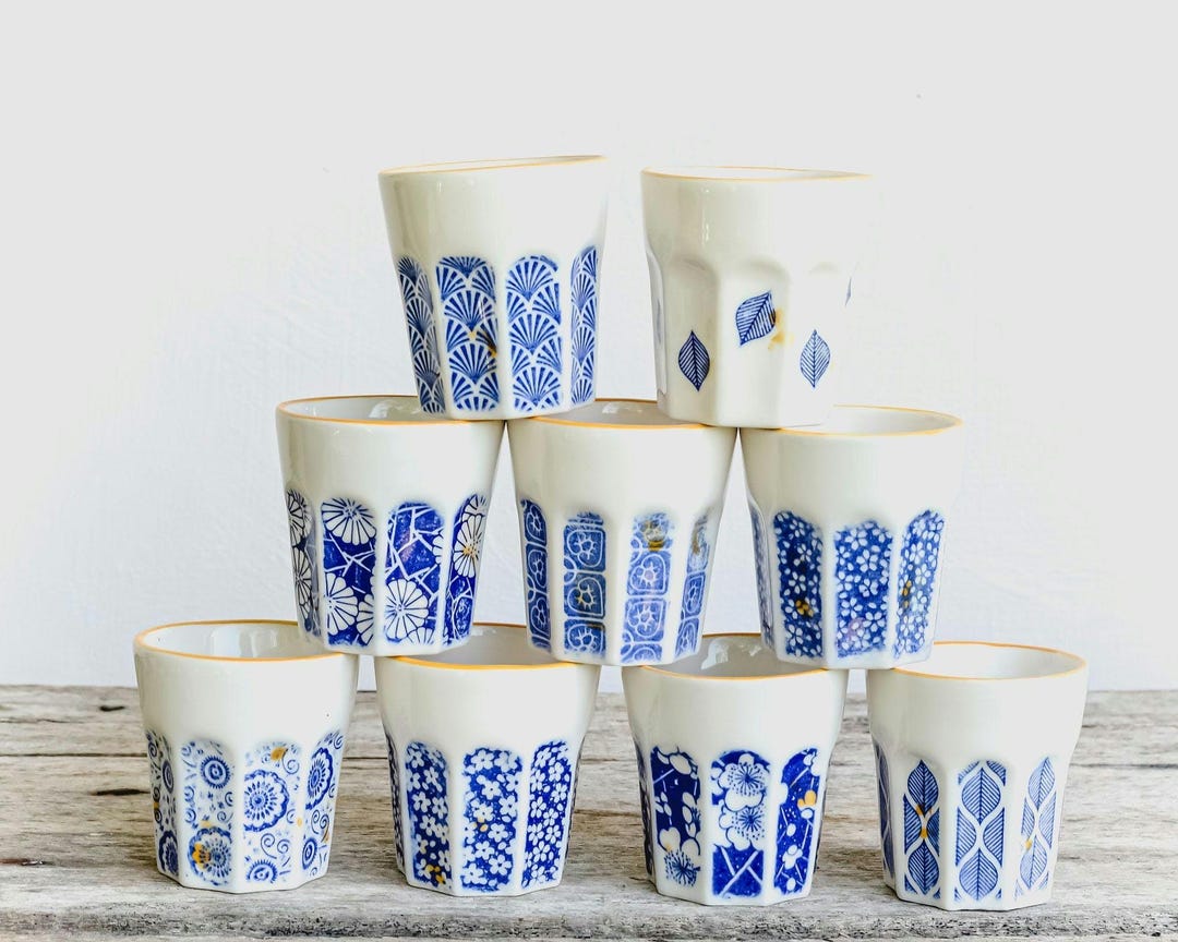 Handmade Blue Pottery Espresso Cup, Retro Japan Style, Wildflower ...