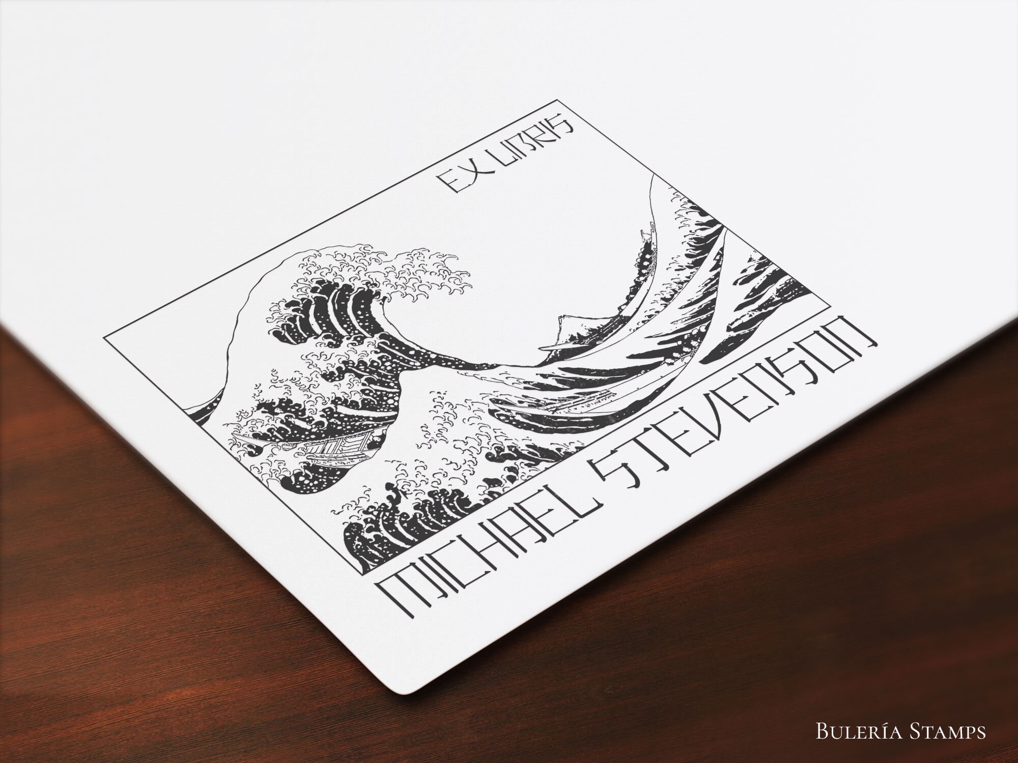 The Great Wave off Kanagawa, Book Stamp, Ex Libris, Mount Fuji Library ...