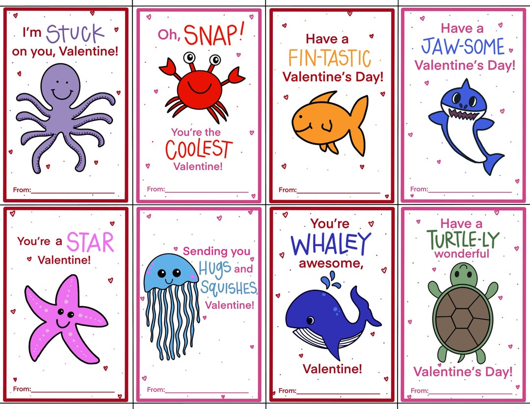 Printable Kids Valentines | Printable Sea Creature Valentines | Sea ...