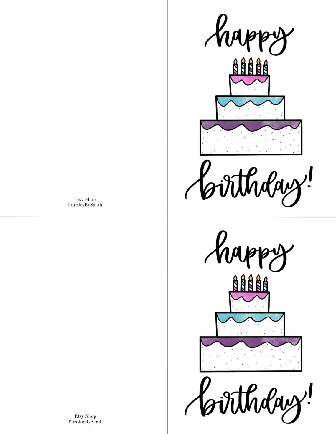 Printable Birthday Cake Happy Birthday Cards Pink Teal Purple ...