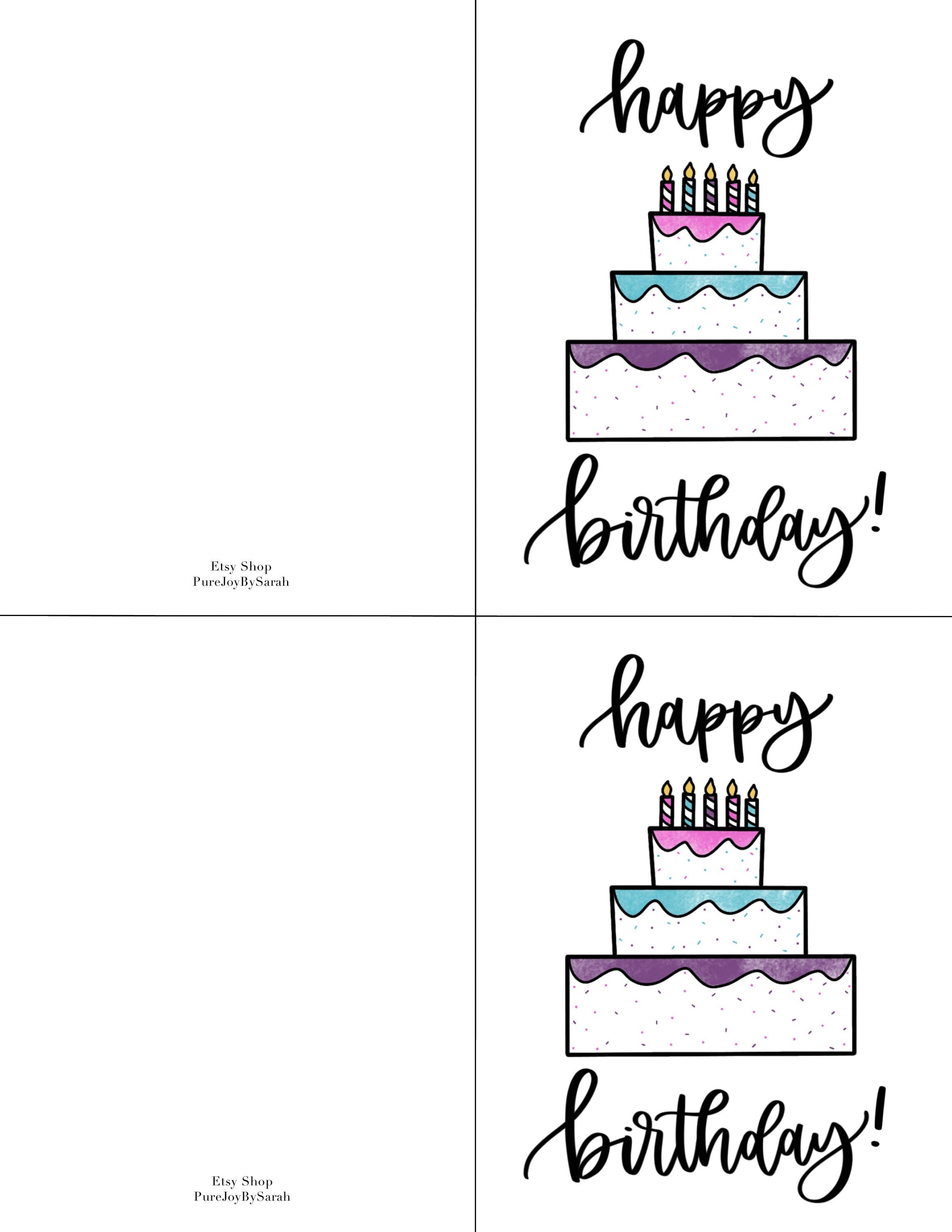 Printable Birthday Cake Happy Birthday Cards | Pink Teal Purple ...