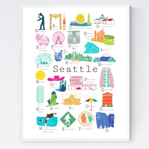 Seattle Washington A to Z Wall Art Print by Chufish Studio - Etsy