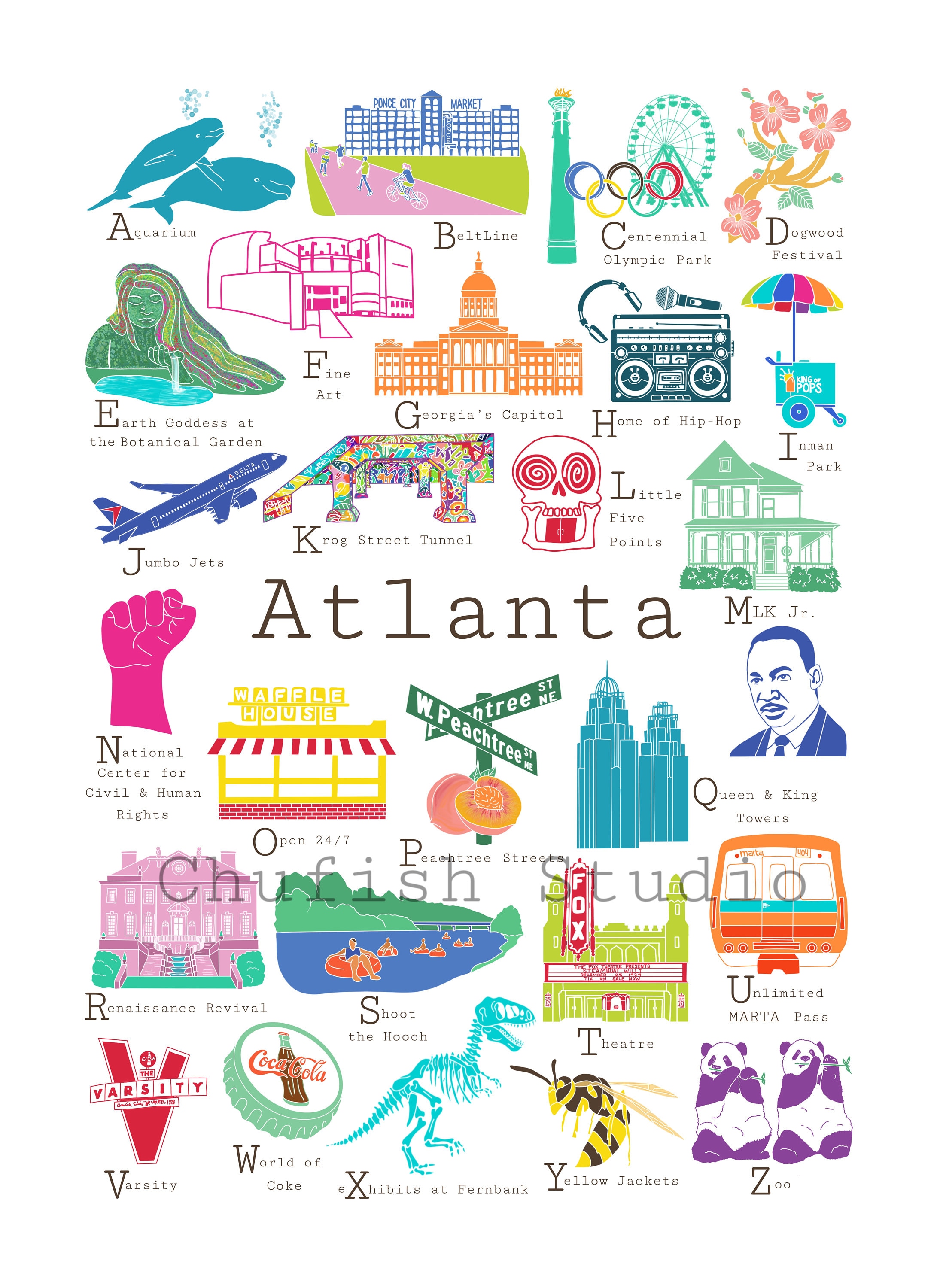 Atlanta Georgia A to Z Wall Art Print by Chufish Studio - Etsy