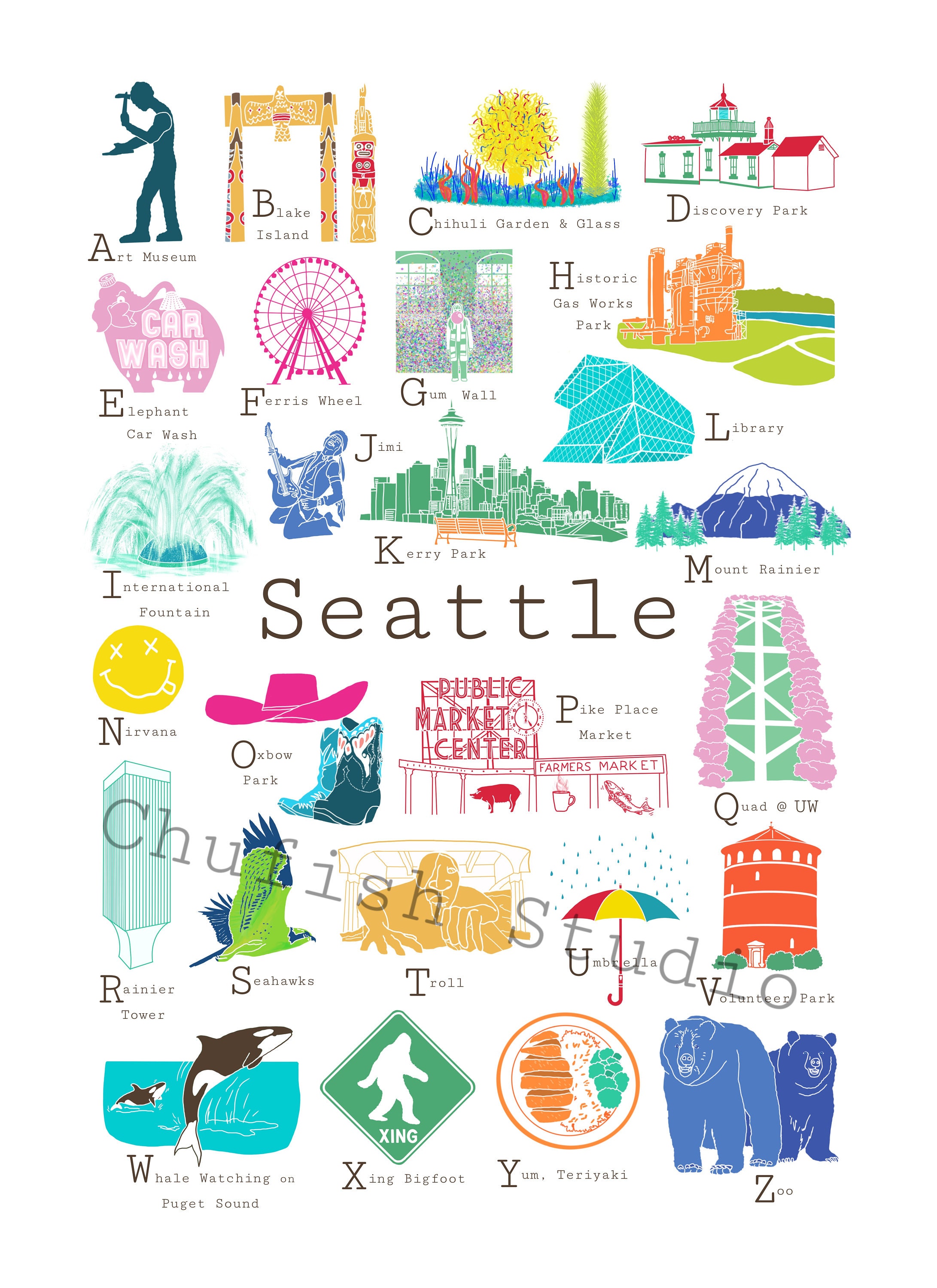 Seattle Washington A to Z Wall Art Print, by Chufish Studio Abcs ...