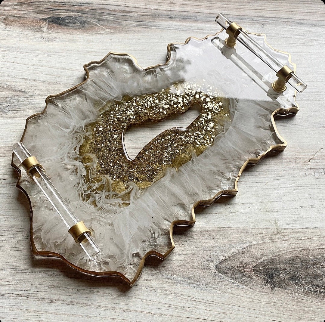 Custom Made Beautiful Resin Geode Tray, White and Gold, Vanity Tray ...