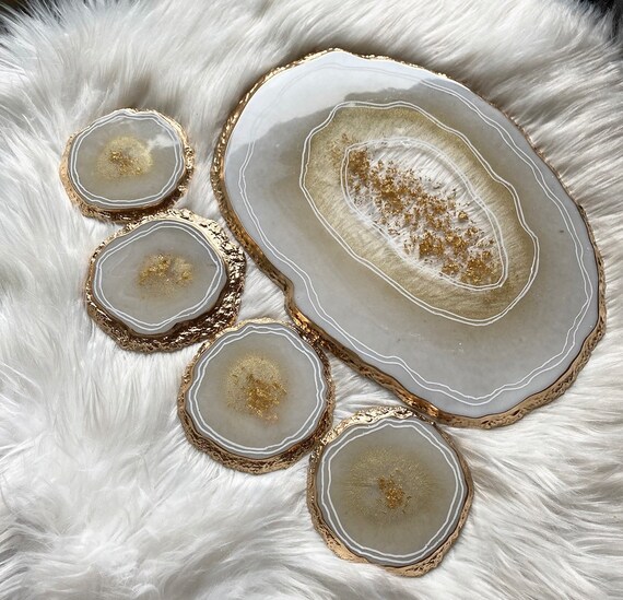 Gold and White Resin Geode Tray and Coaster Set Gift Ideas - Etsy