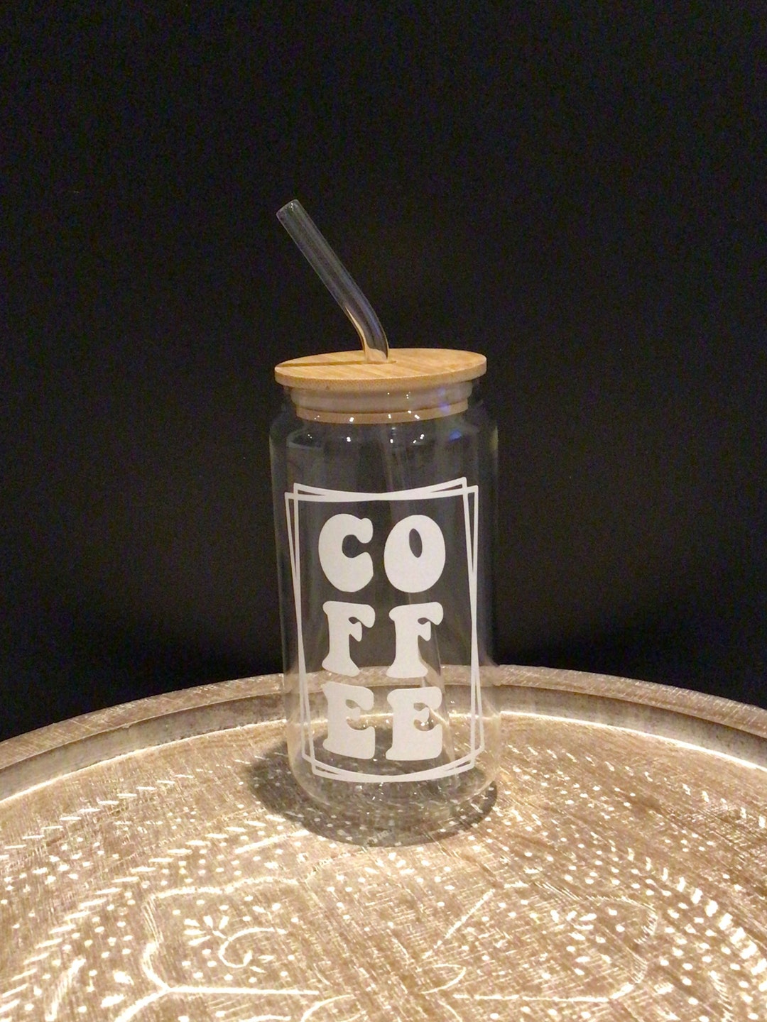 Coffee (box Stacked) 18 Oz Glass Can With Bamboo Lid and Straw - Etsy