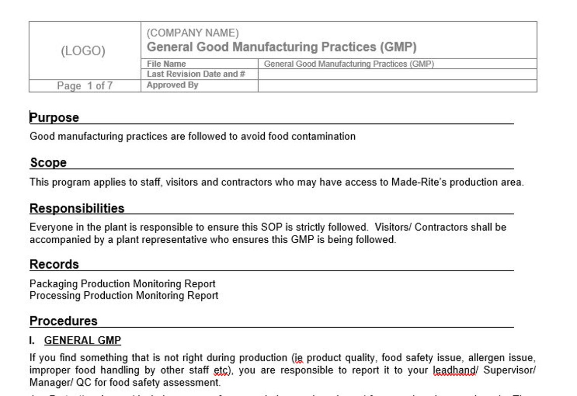 General Good Manufacturing Practices (GMP) TEMPLATES for Manufacturing ...