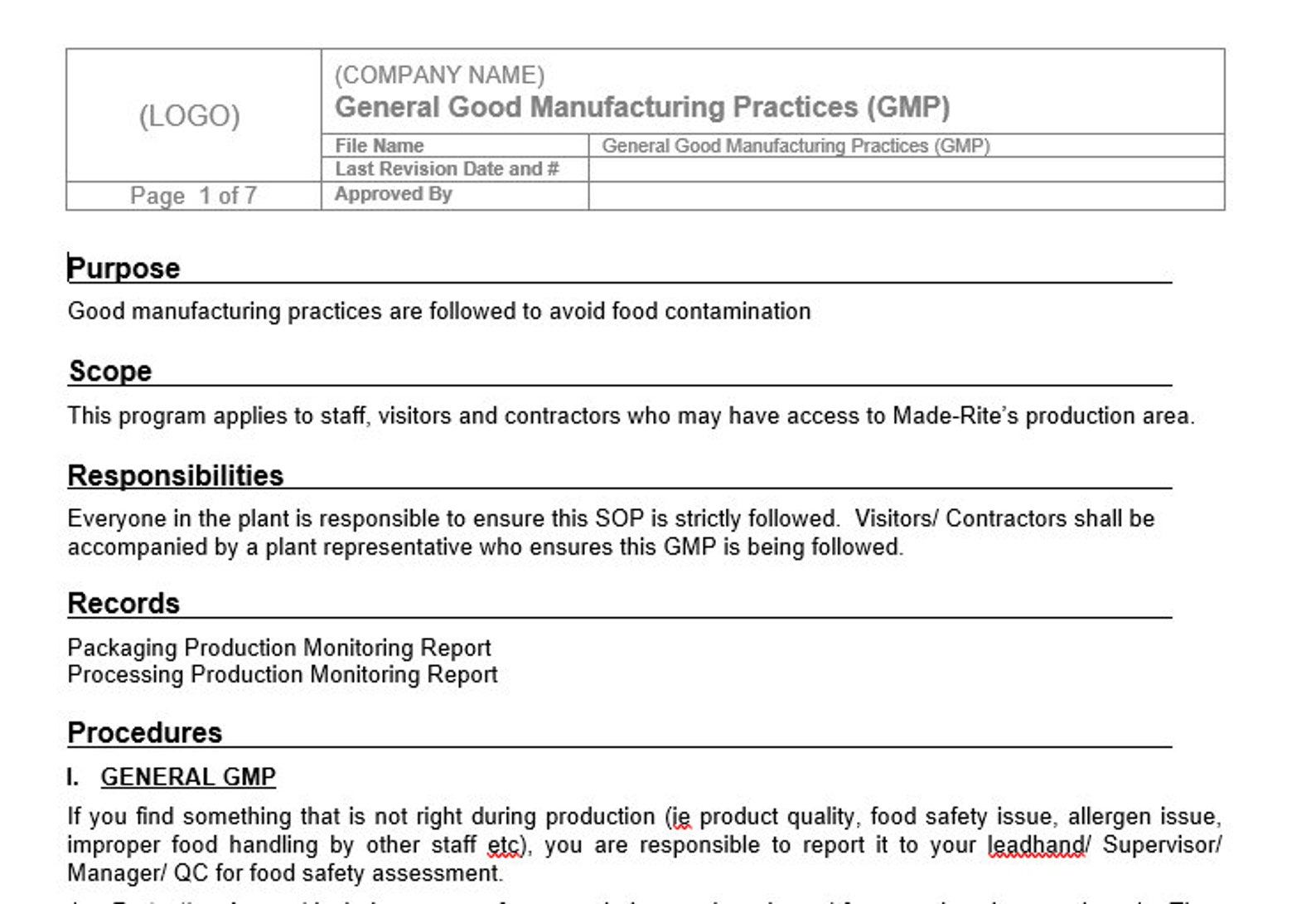 General Good Manufacturing Practices (GMP) TEMPLATES for Manufacturing ...