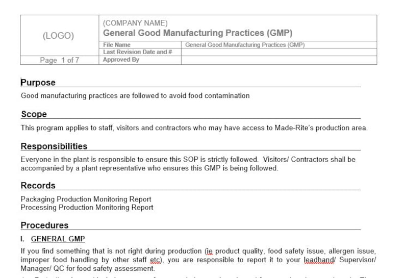General Good Manufacturing Practices (GMP) TEMPLATES for Manufacturing ...