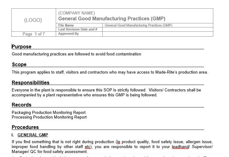 General Good Manufacturing Practices (GMP) TEMPLATES for Manufacturing ...