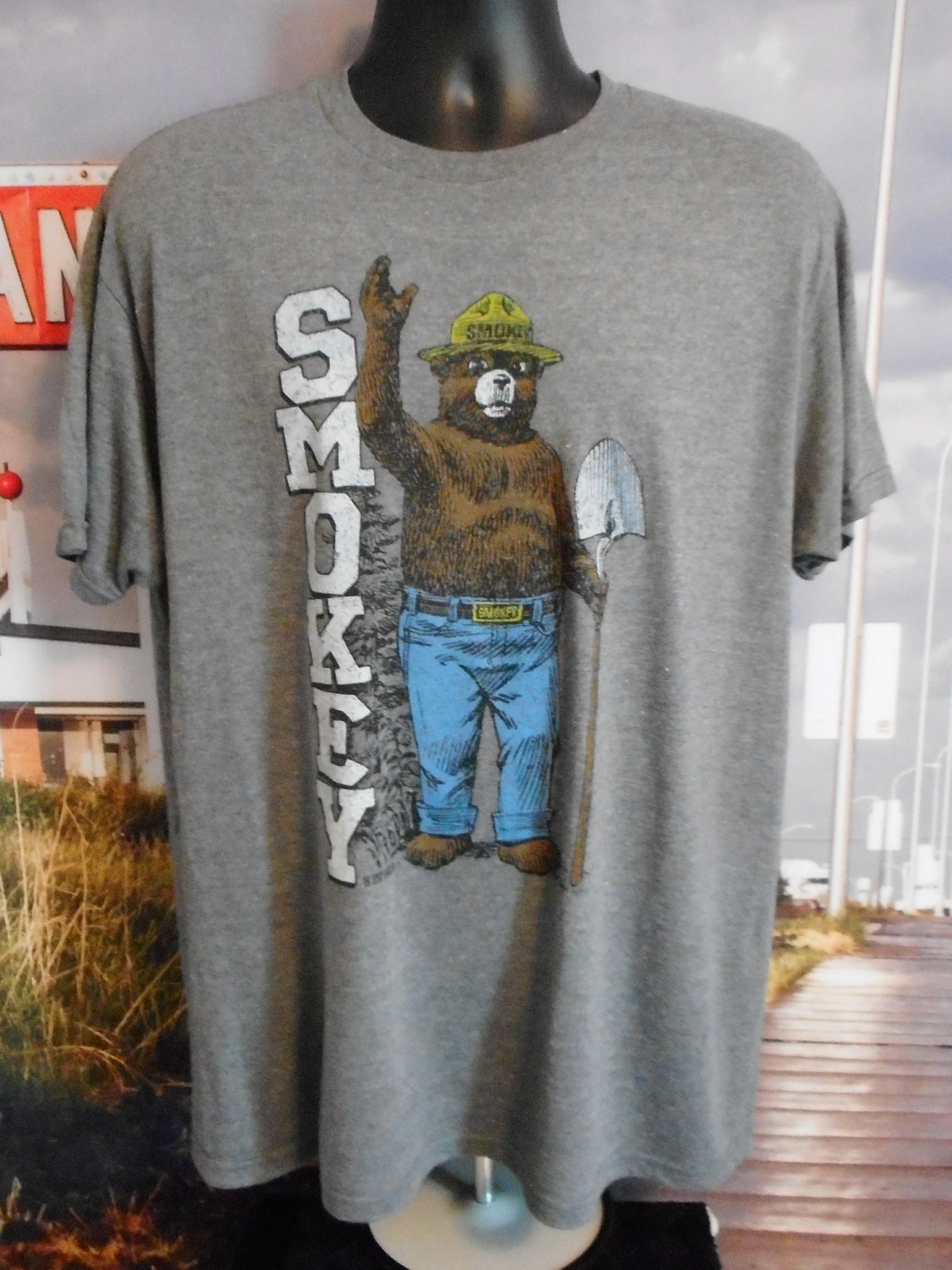 Smokey Bear T shirt Graphic Tee Top Vintage T shirt Retro Gray Large Prevent Forest Fires Public Service Announcement 1970 s TV Etsy