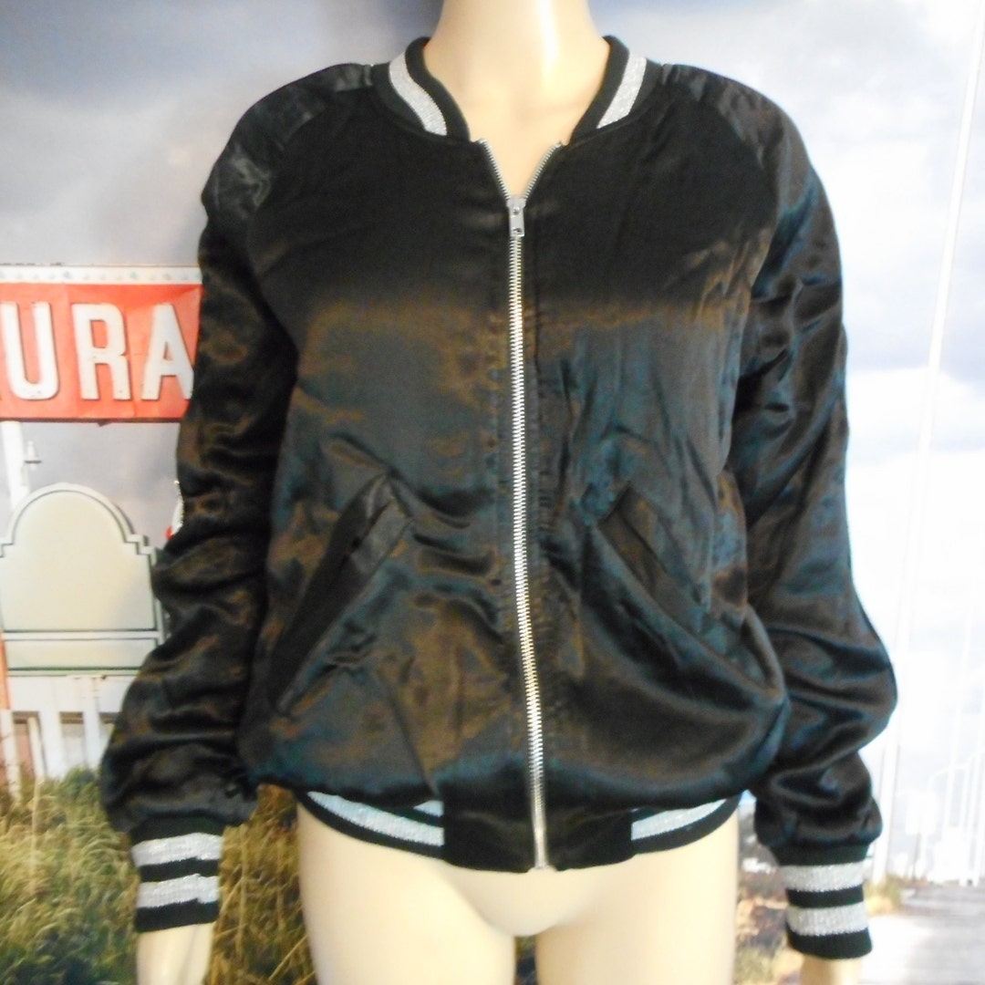Black Satin Bomber Jacket: Silver Sequin Trim, Aqua Small, NWT - Etsy