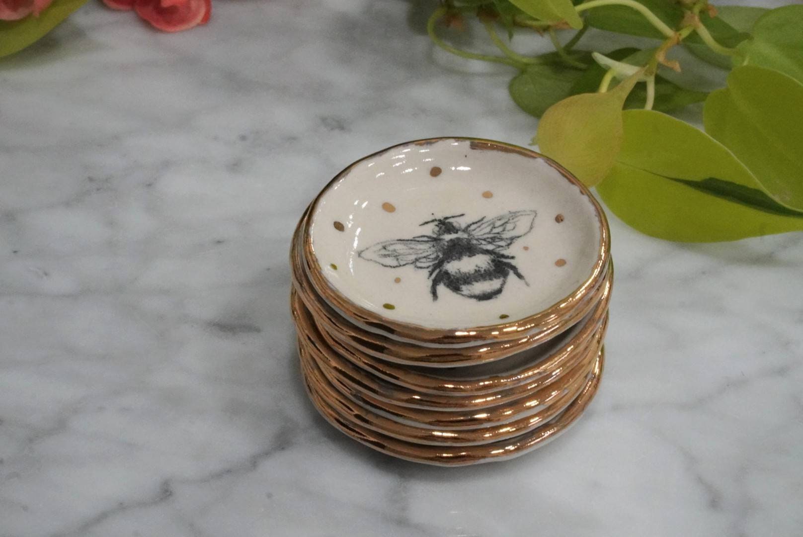 Hand Drawn Bumble Bee Ring Dish Teabag Holder With Gold Rim - Etsy