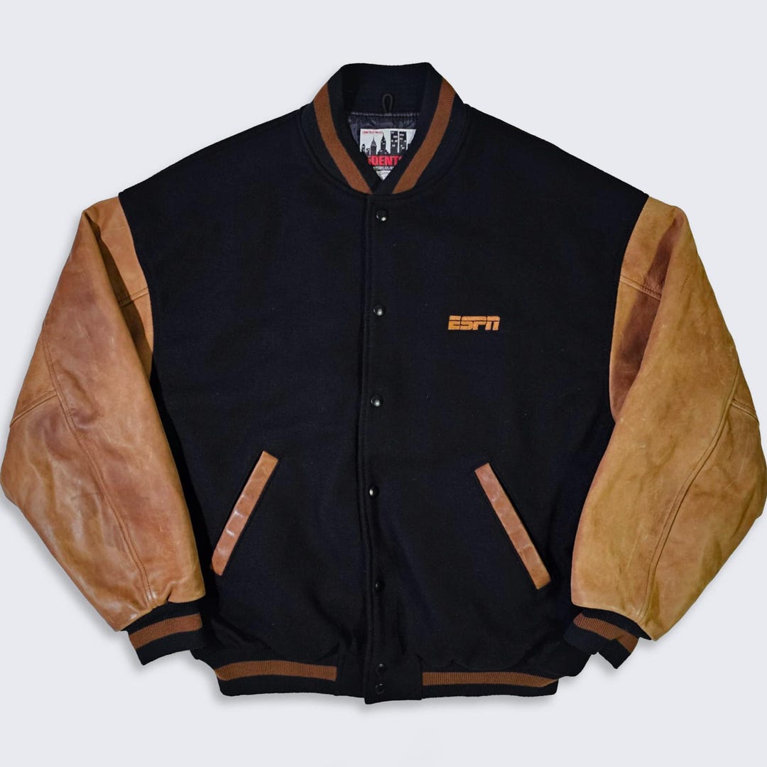 ESPN Vintage 90s Cast & Crew Letterman Bomber Jacket - Leather and Wool ...