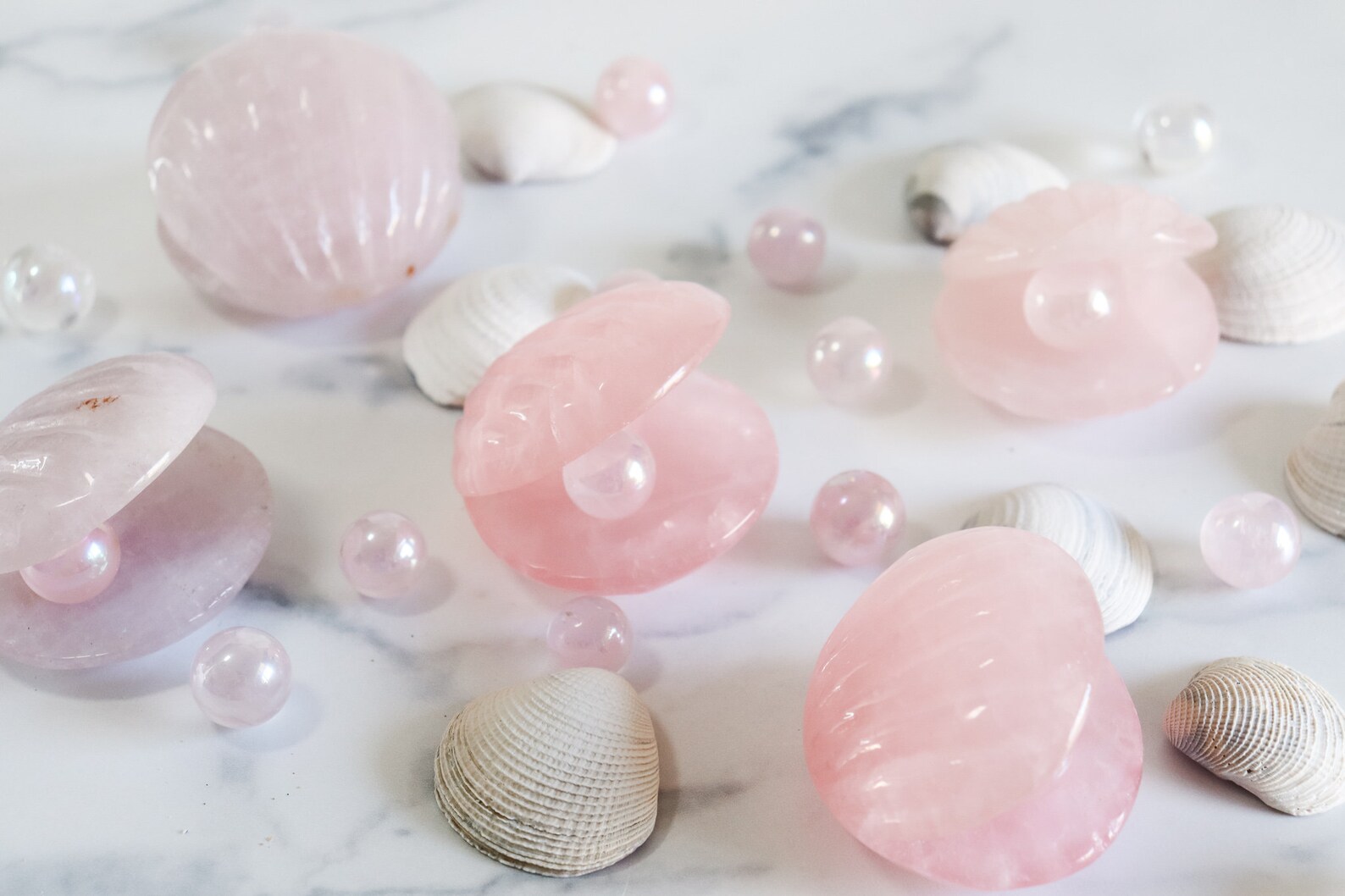 Rose Quartz Clam Shells With Aura Rose Quartz Mini Sphere - Etsy