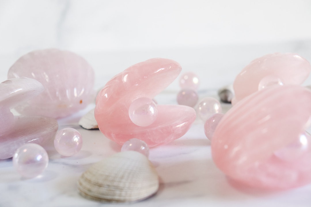 Rose Quartz Clam Shells With Aura Rose Quartz Mini Sphere - Etsy