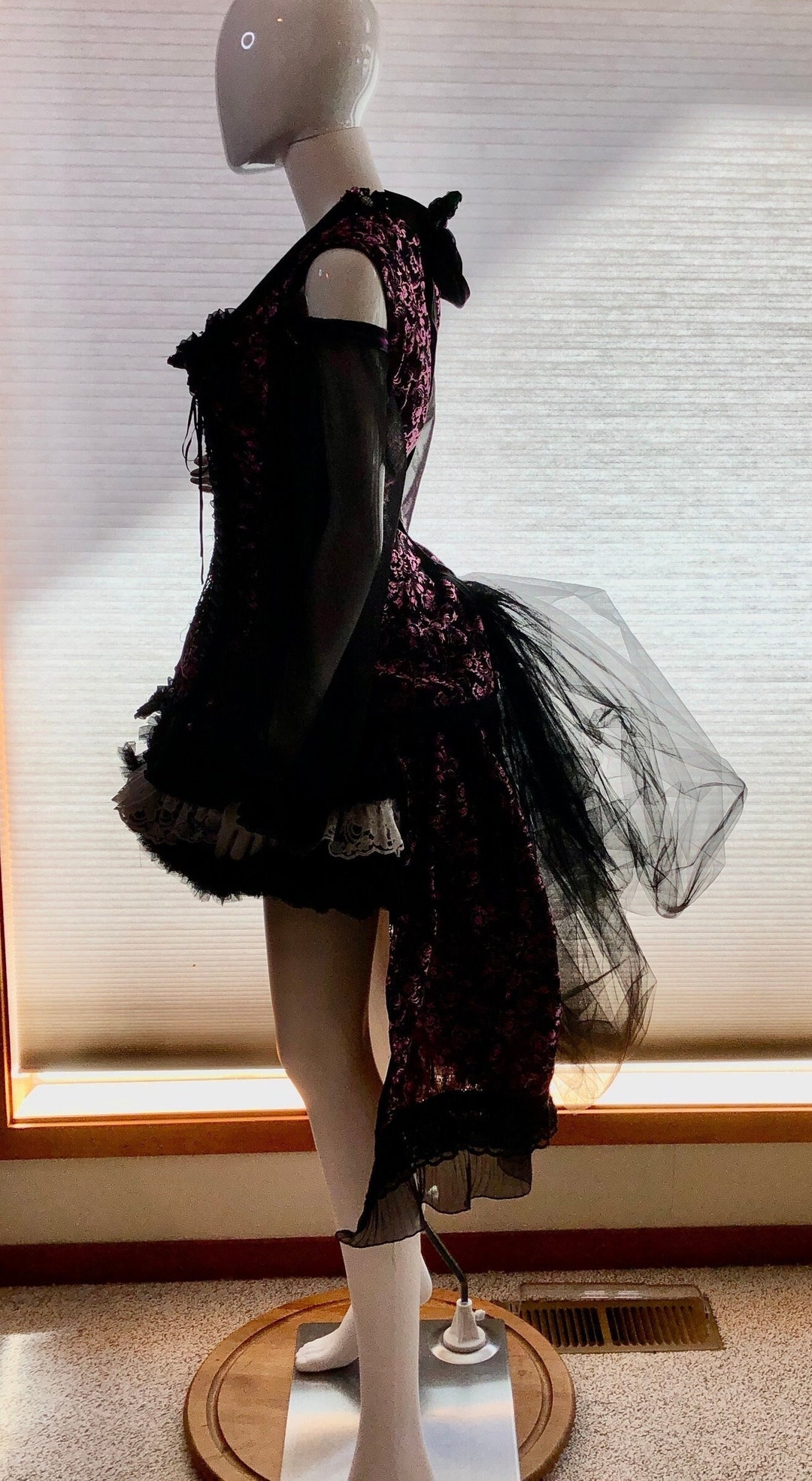 Burlesque Dancer Costume: Purple Brocade Vest, Black Ruffle Skirt, Size ...