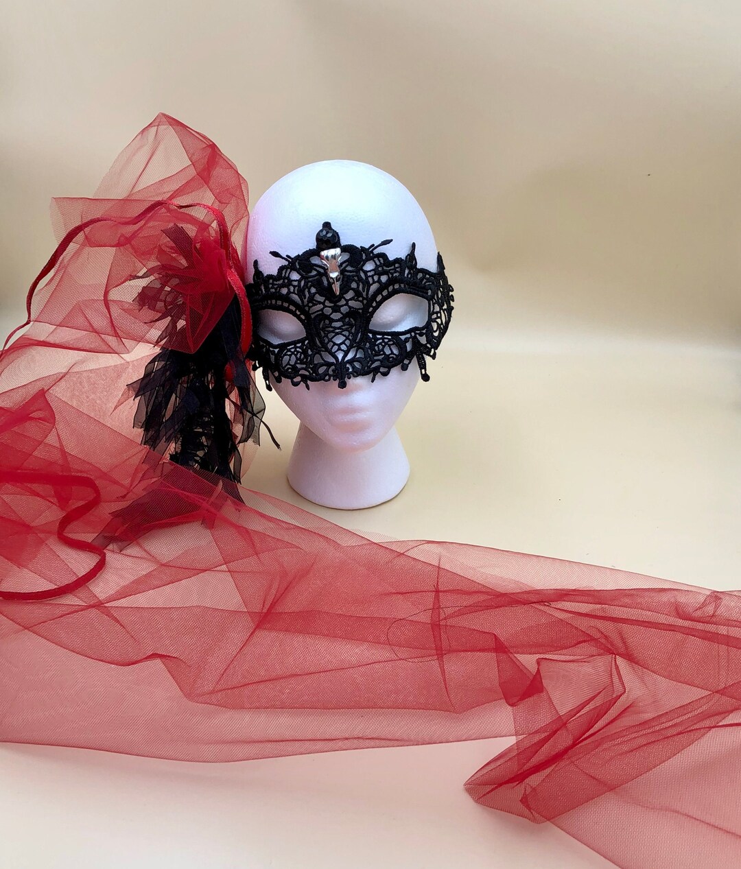 Black Mask With Ruffle Trim & Deep Red Tulle Attached. Mask With Raven ...