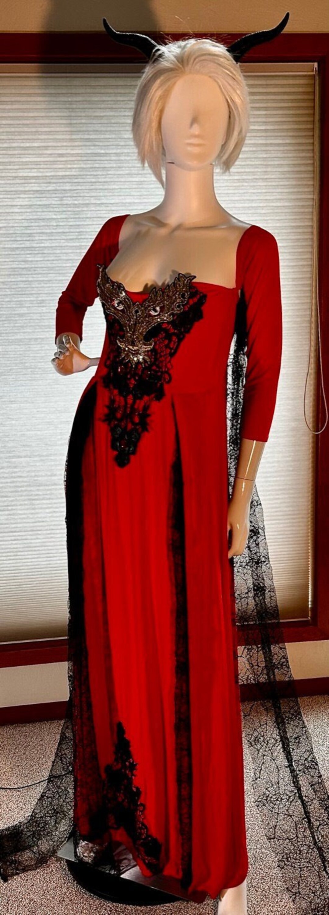 Gothic Red Dress, Size 6-8, Semi Attached 3/4 Sleeves, Black Mesh ...