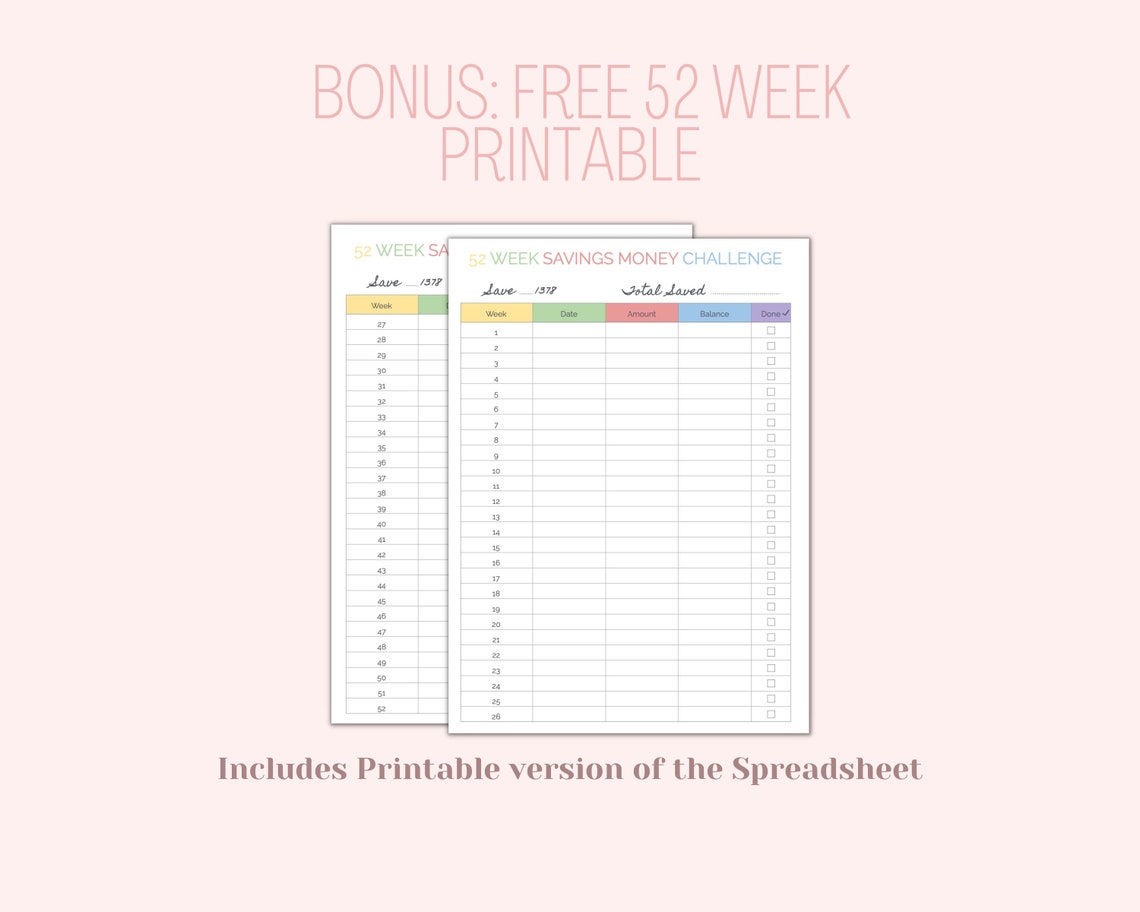 2024 52 Week Savings Challenge Spreadsheet FREE Pdf Printable, Savings Tracker, Digital Download ...
