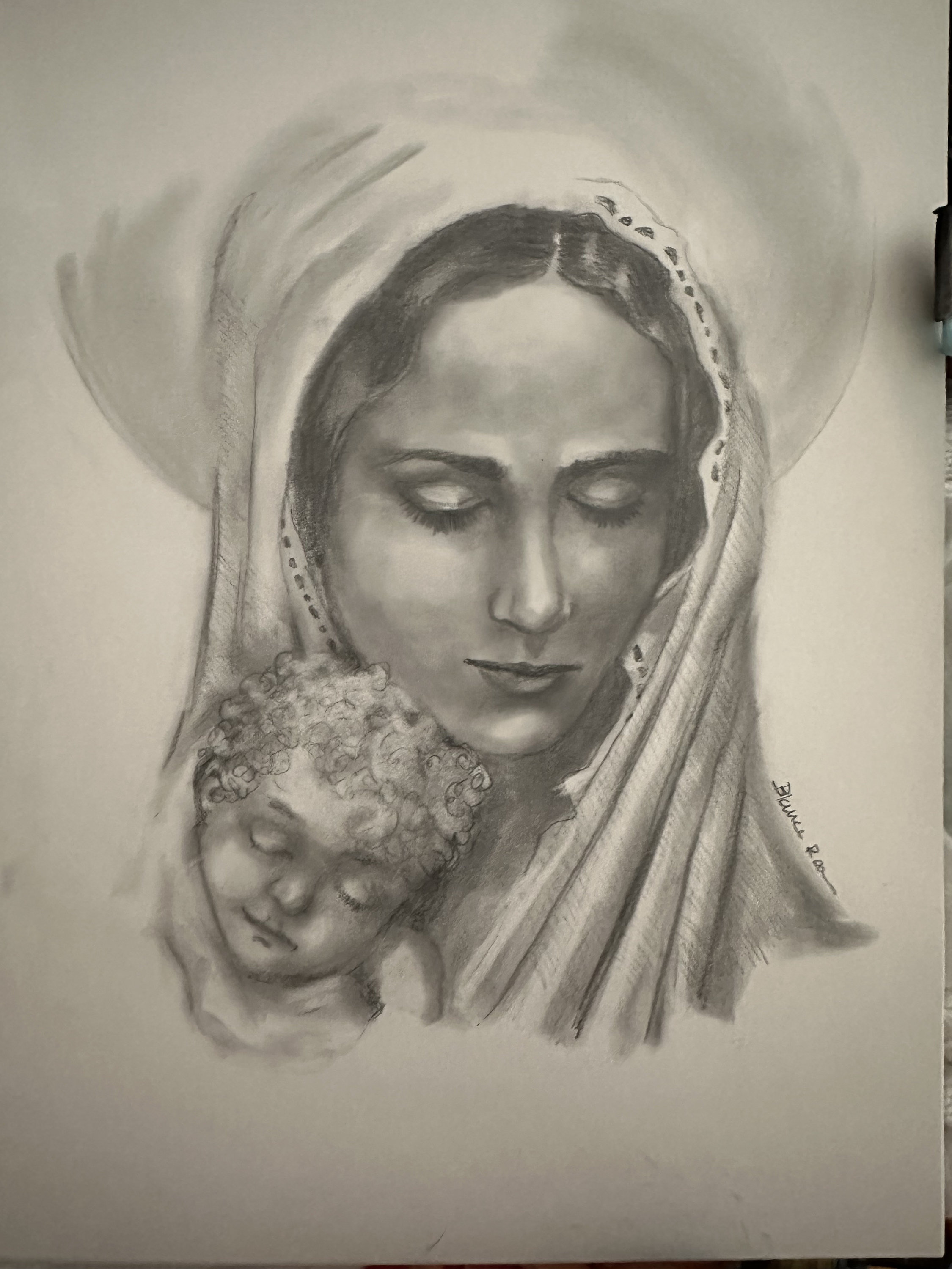 Original Art Maria and Baby Jesus, Virgen Mary, Charcoal on Paper Print ...