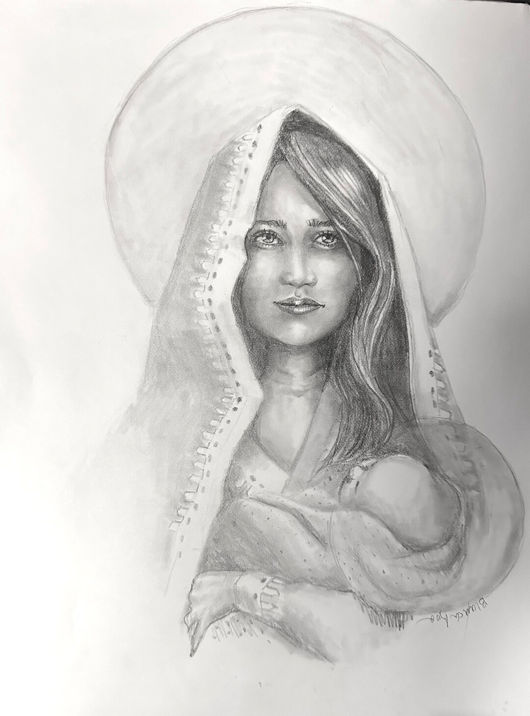 Original Art Maria, Virgen Mary, Charcoal on Paper Print by Blanca Roa ...