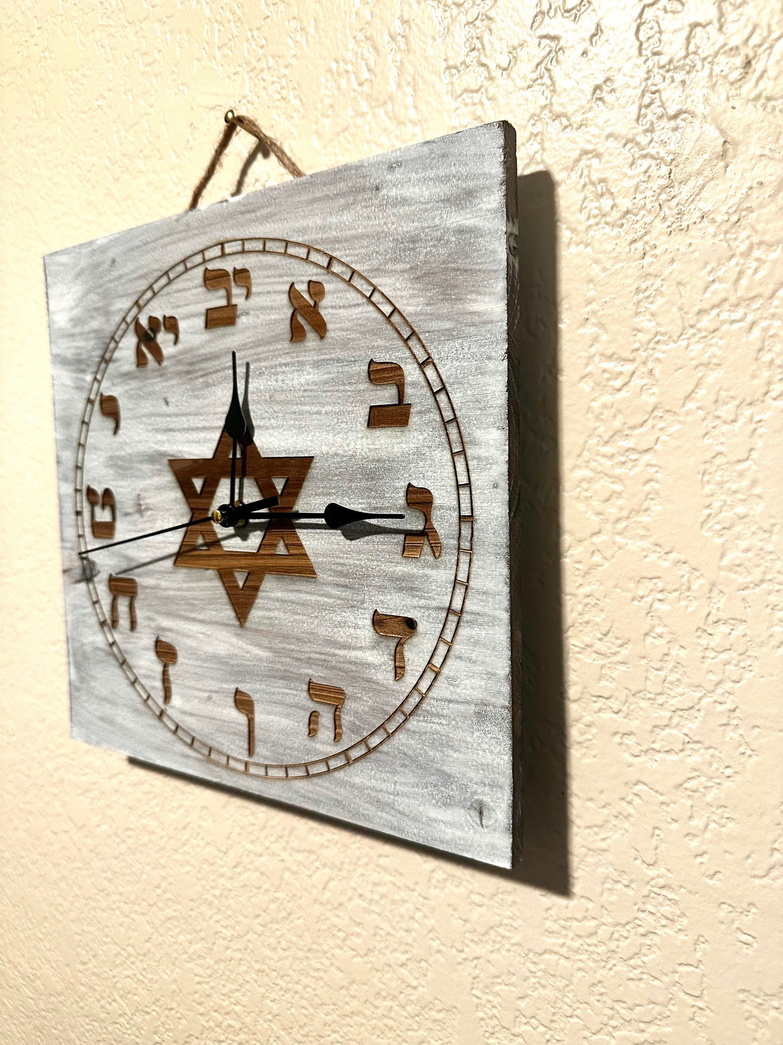 Hebrew Wooden Rustic Wall Clock Hand Painted and Engraved With the Star ...