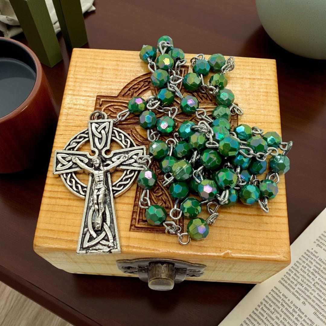 Catholic Green Acrylic Celtic Rosary Beads Wooden Pinewood Handmade ...