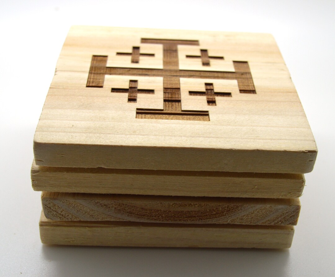 Jerusalem Cross Wooden Coasters Engraved on Pine Wood Set of 4 Coasters ...