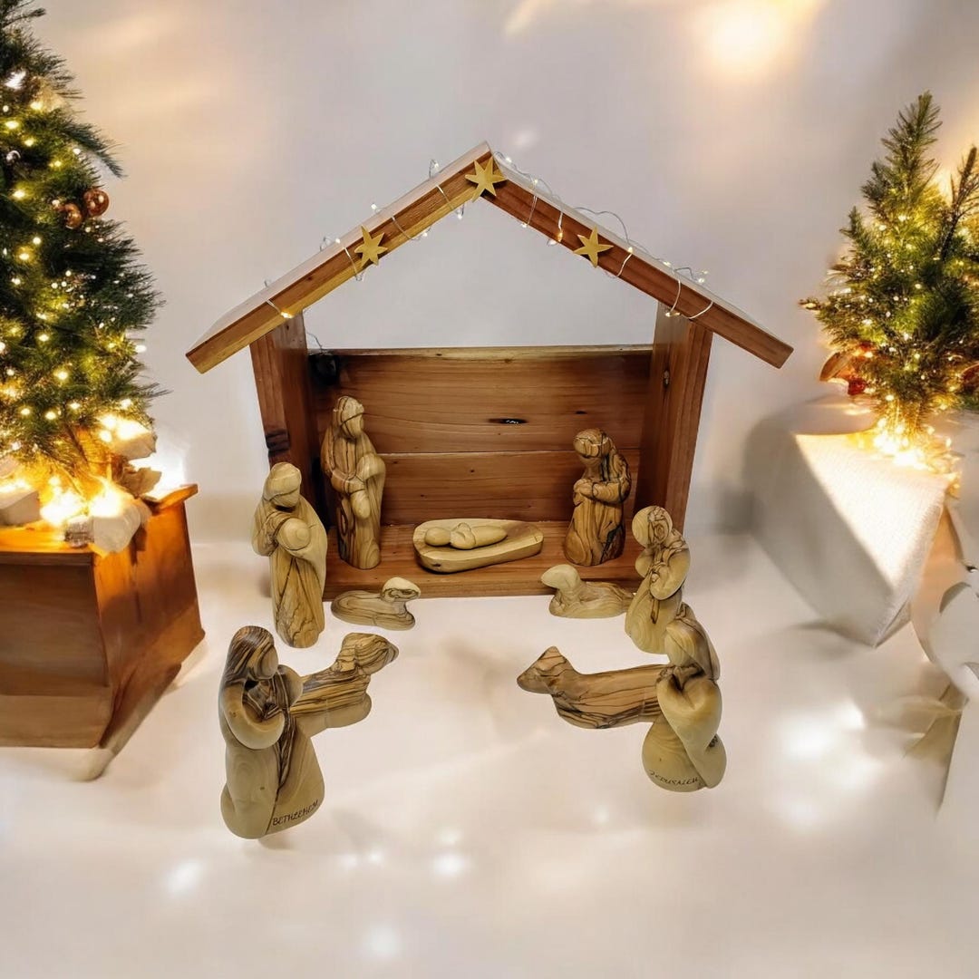 Bethlehem Olive Wood Modern Style Nativity Set With Cedar Wood Stable Manger LED Lights Engraved ...