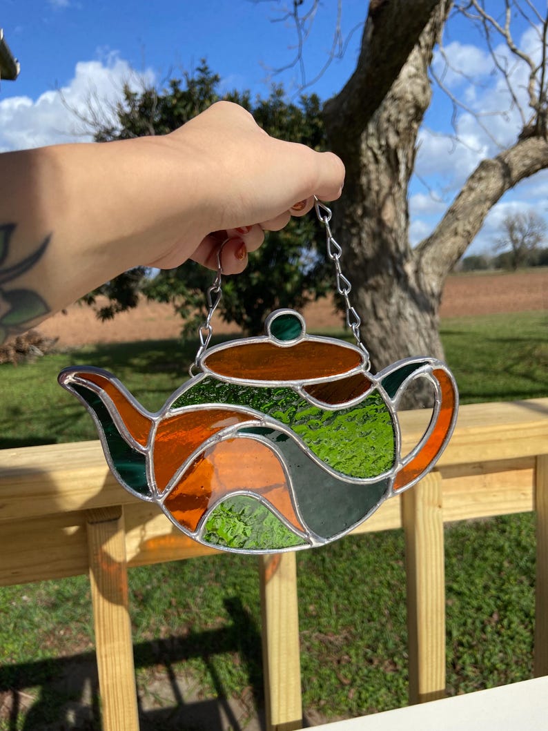 Stained Glass Teapot Handmade Suncatcher Swirls Orange & Green Gift - Etsy