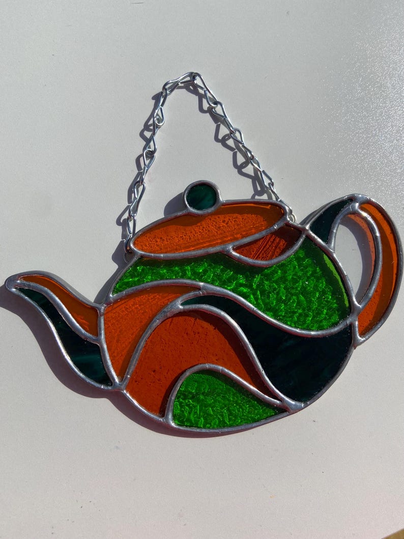Stained Glass Teapot Handmade Suncatcher Swirls Orange & Green Gift - Etsy