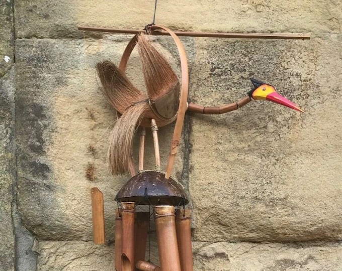 Handmade Wooden Bamboo Coconut Nodding Bird Wind Chime Garden Mobile ...