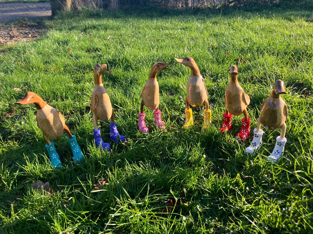 25cm Wooden Welly Ducks Hand Painted Bamboo Wellies Duck Indoor Outdoor ...