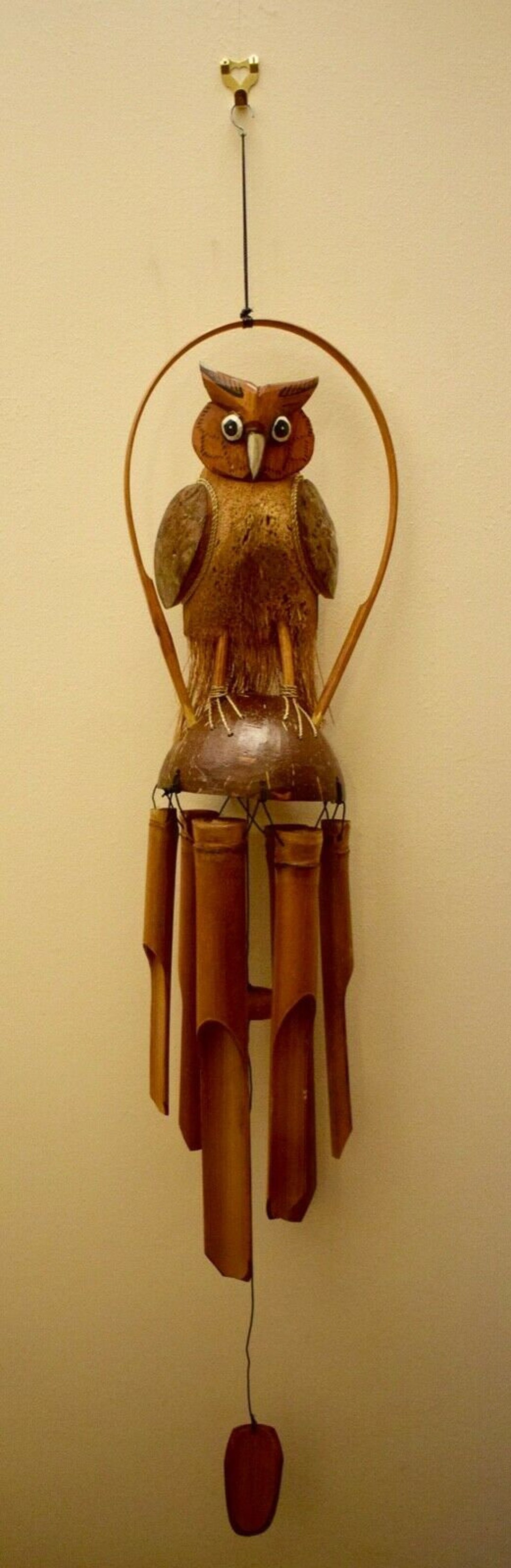 Handmade Wooden Bamboo Coconut Owl Bird Wind Chime Garden Mobile ...