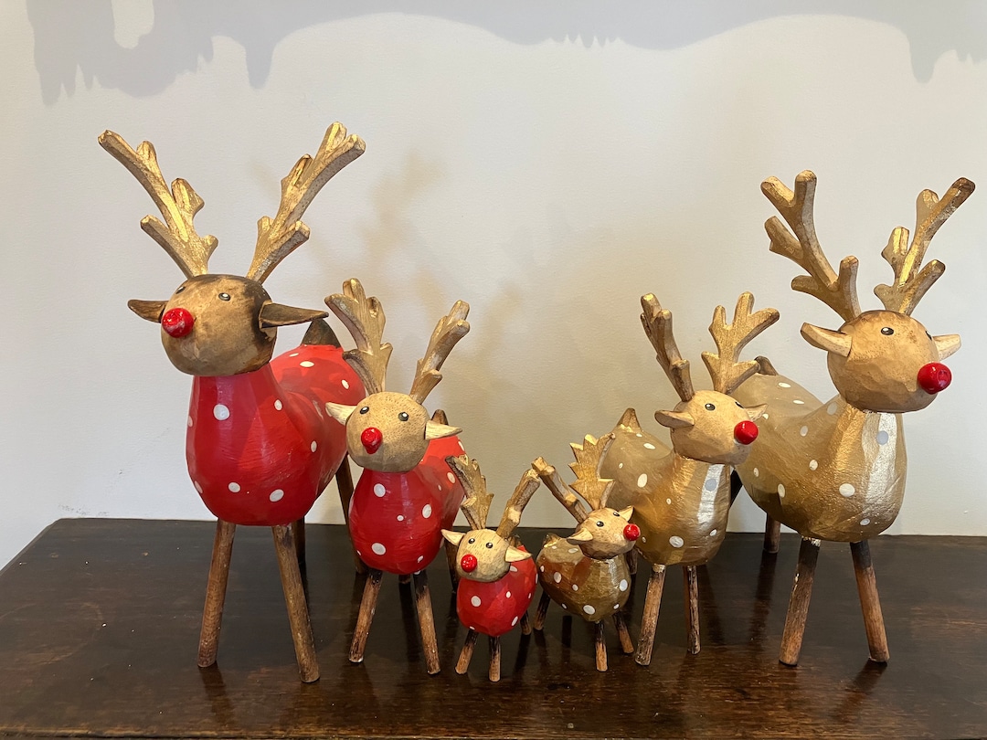 Set of 3 Handmade Wooden Reindeer Christmas Wood Natural Decorations ...