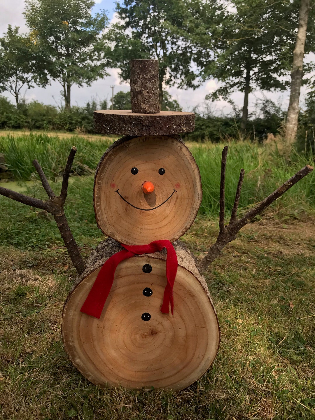 Large Handmade Log Wooden Snowmanchristmas Decorations Carving Festive ...