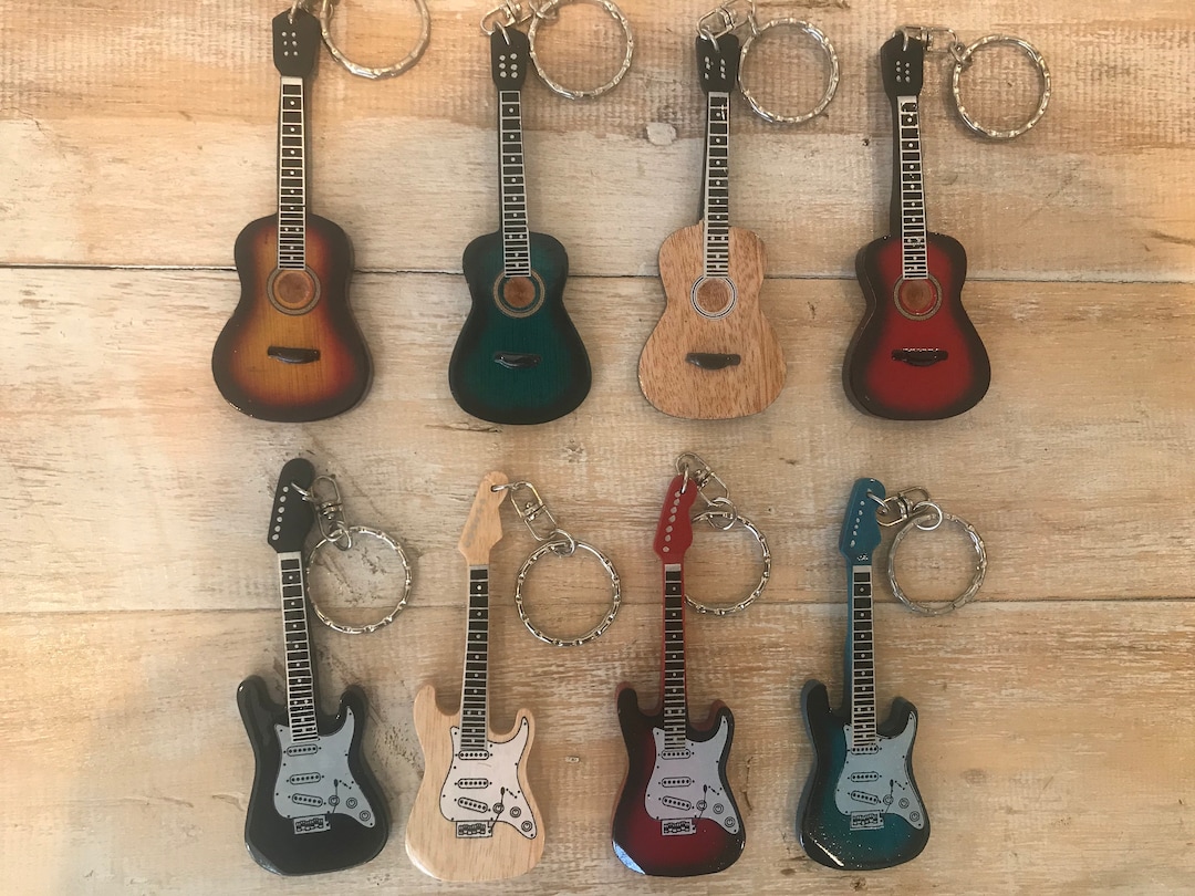 Acoustic Electric Mini Guitar Key Ring 10cm Designs Wooden Handmade ...
