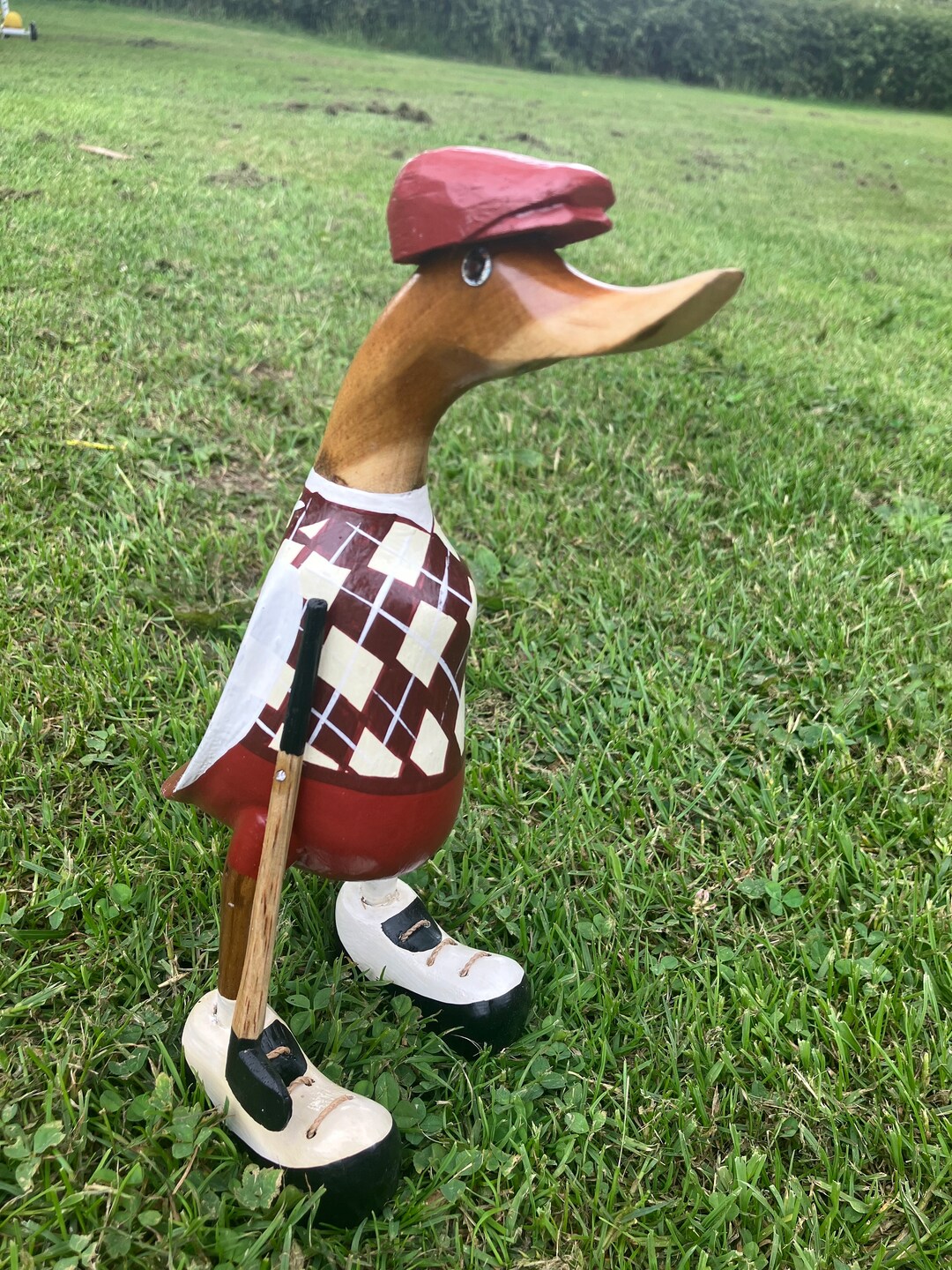 25cm Golfer Hand Carved Bamboo Wooden Golf Duck Indoor Outdoor Natural ...