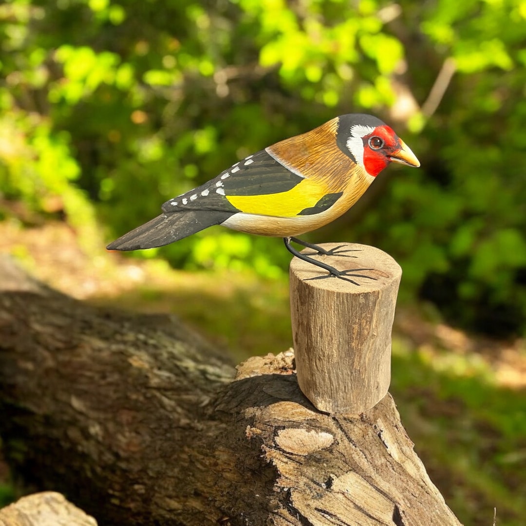 Hand Carved and Painted Wooden Goldfinch Statue Ornament Gift Feature ...