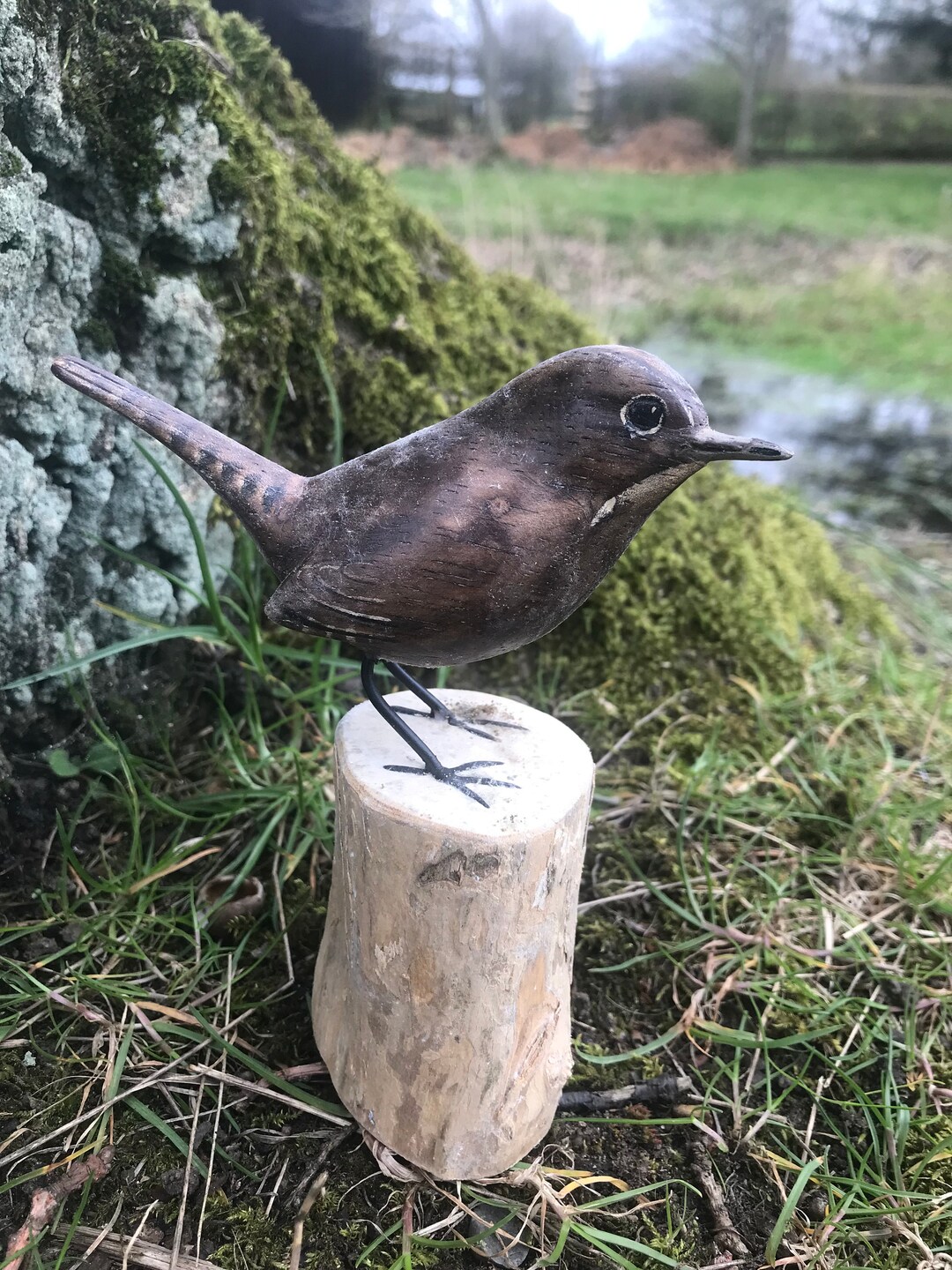 Hand Carved and Painted Wooden Wren Statue Ornament Gift Feature on Log ...