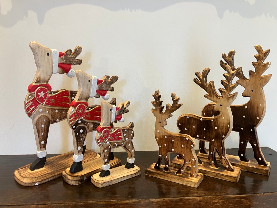 Set of 3 Handmade Wooden Reindeer Christmas Wood Natural Decorations ...