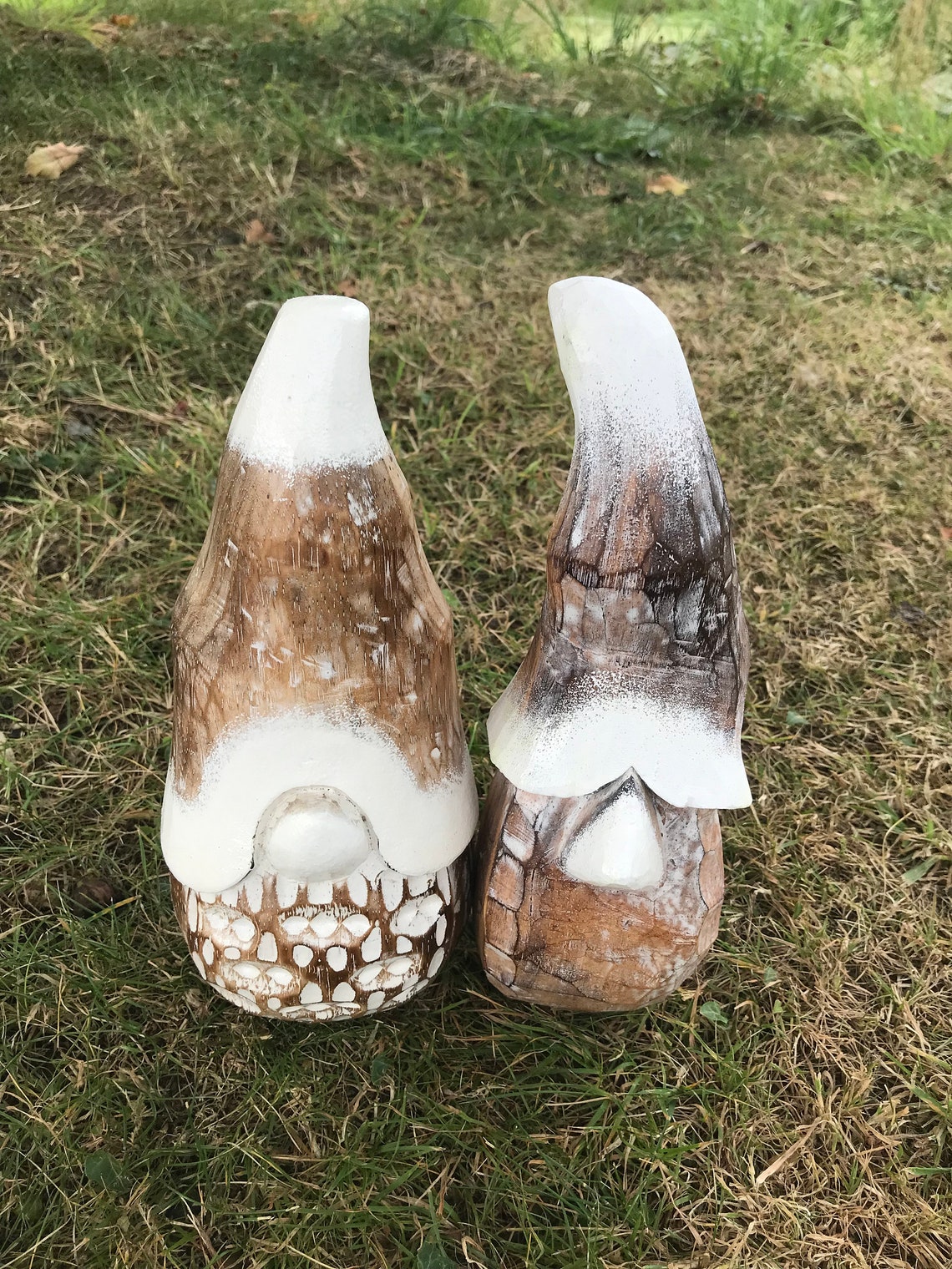 Handmade Wooden Gonks Gnome Carved Fairy Garden Natural Wood With White ...