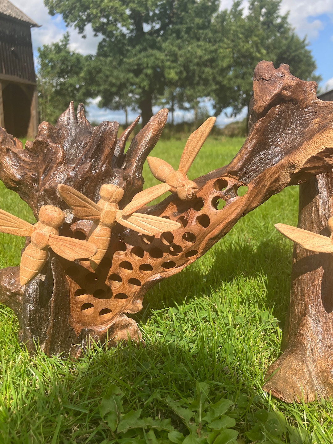 Wooden Freestanding Bee House Hotel Sculpture Ornament With Hand Carved ...